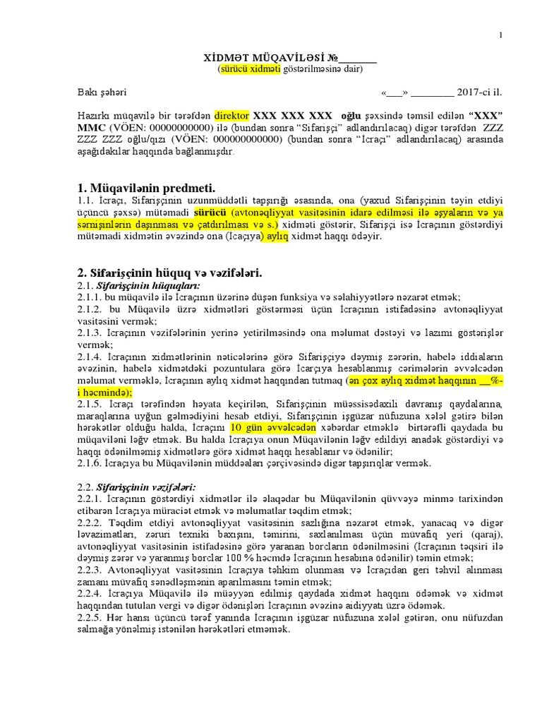 Xidmet Muqavilesi Surucu Sablon | PDF