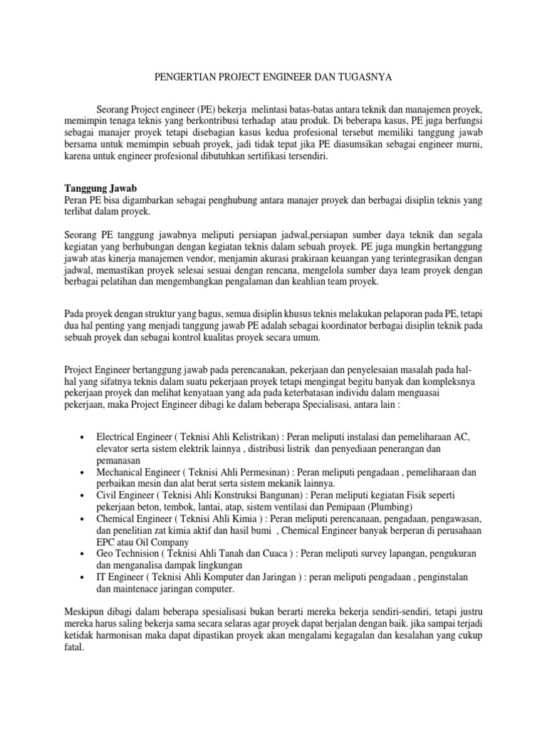 Tugas Pengertian Project Engineer | PDF