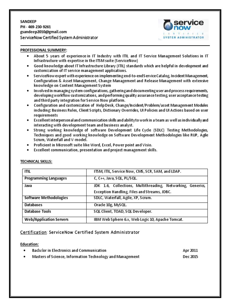 Service Now Sample Resume | PDF | Itil | Java Server Pages