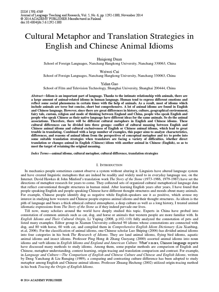 Cultural Metaphor and Translation Strategies in English and Chinese ...