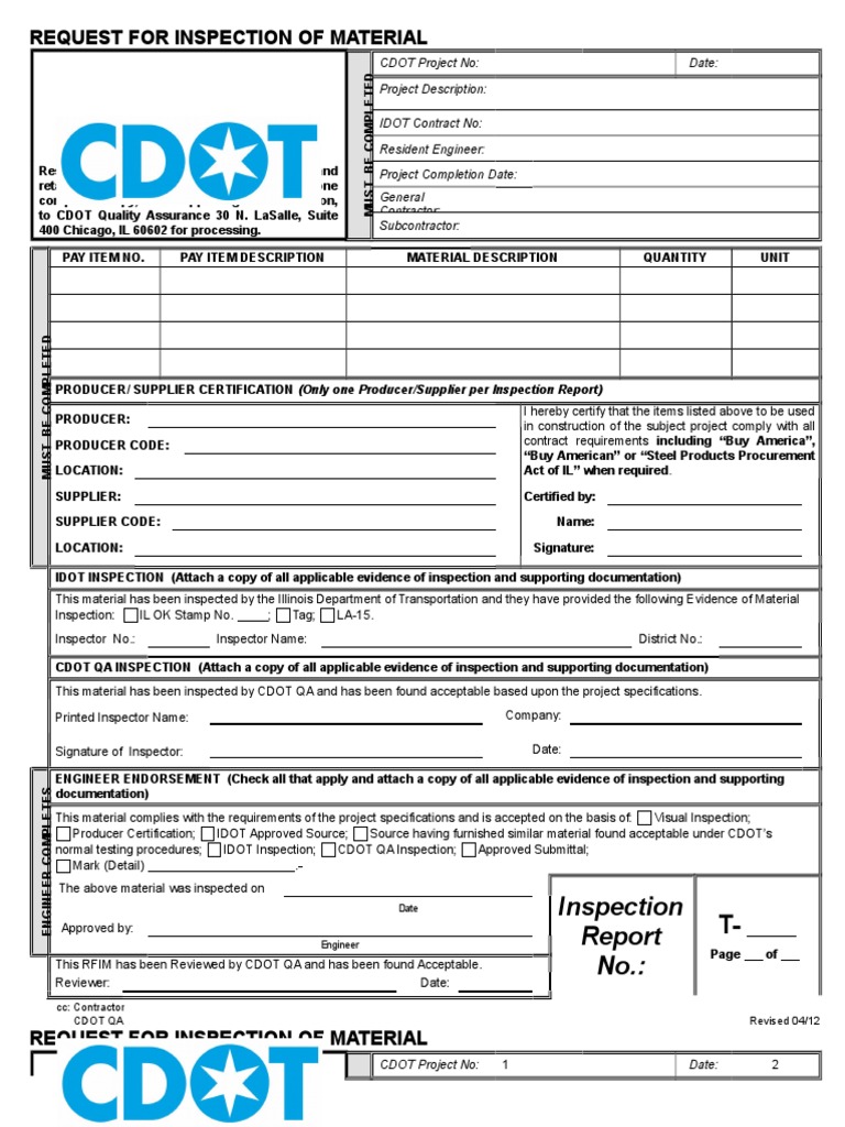 Request For Inspection of Material | PDF | Specification (Technical Standard) | Quality Assurance