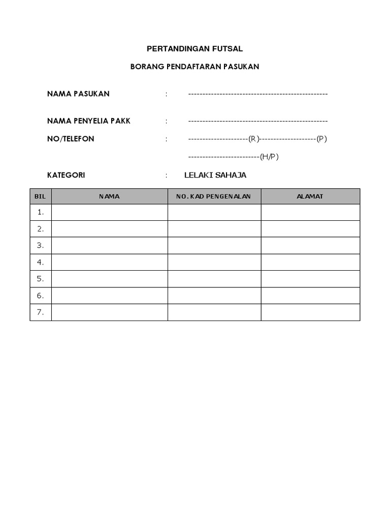 REGISTRATION FORMS FOR SPORTS TOURNAMENTS | PDF