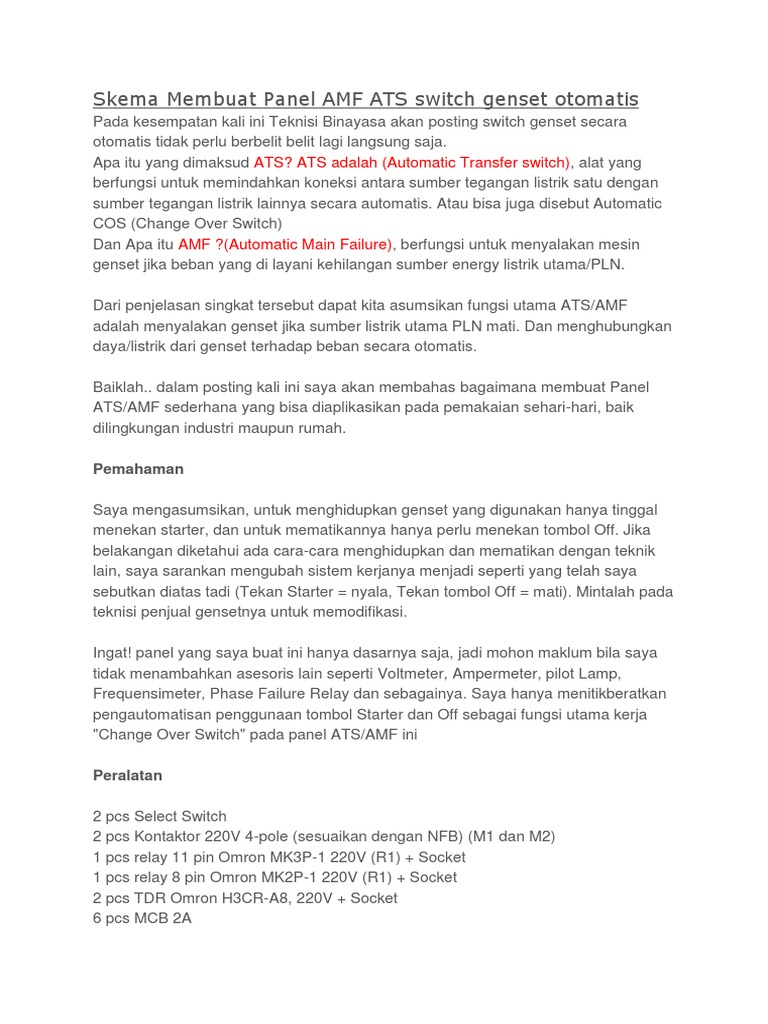 Skema Membuat Panel AMF ATS Switch Genset Otomatis | PDF