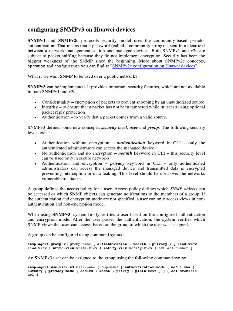 Configuring Snmpv3 On Huawei Devices | PDF | Authentication | Encryption