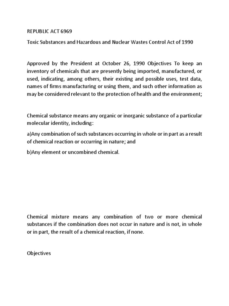 Republic Act 6969 Summary | PDF | Waste Management | Chemical Substances