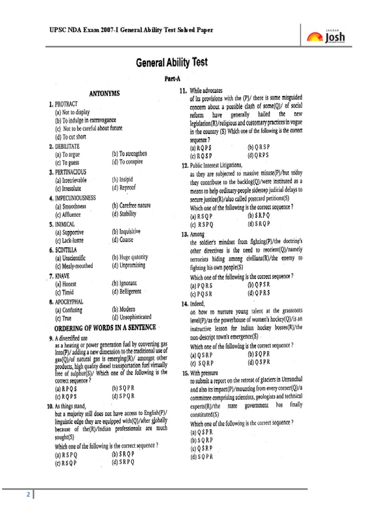UPSC NDA Exam 2007-I General Ability Test Solved Paper | PDF ...