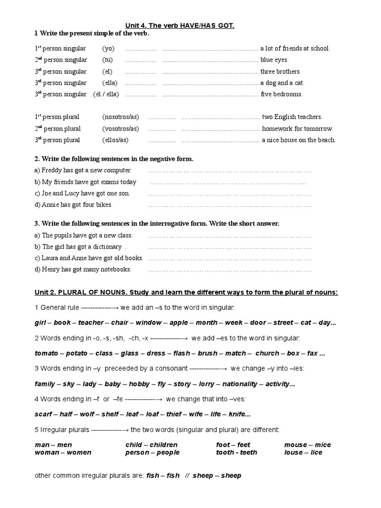 Unit 4 - Have Got - Plurals | PDF | Plural | Grammatical Number