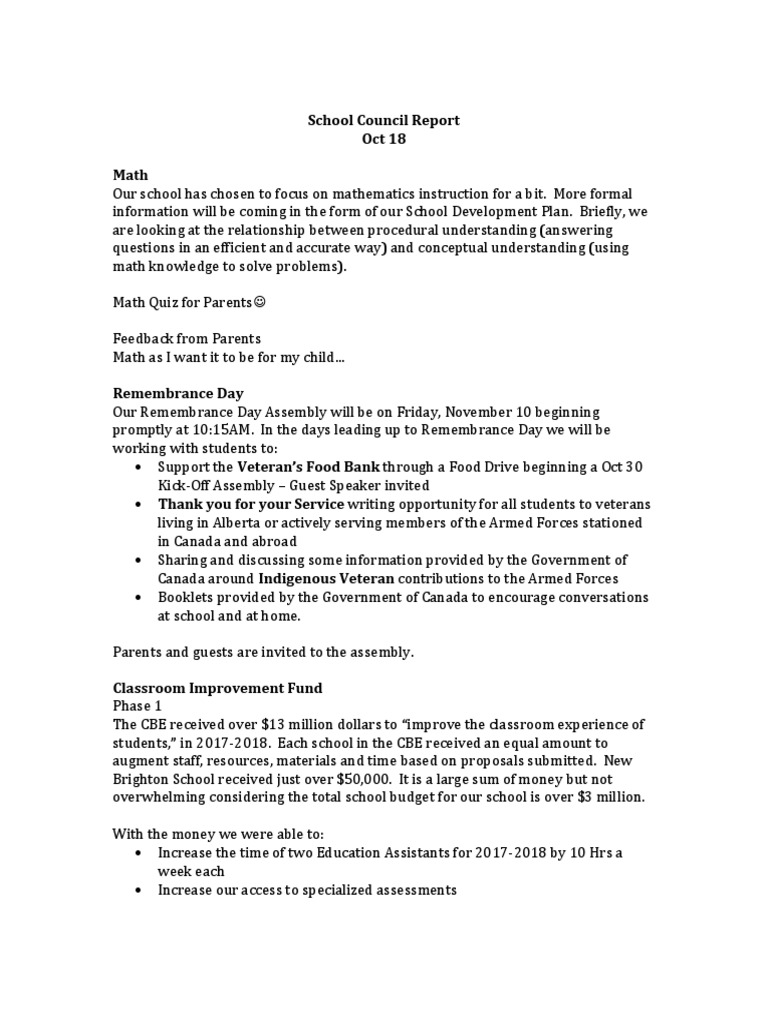 School Council Report Oct 2017 | PDF | Teachers | Literacy