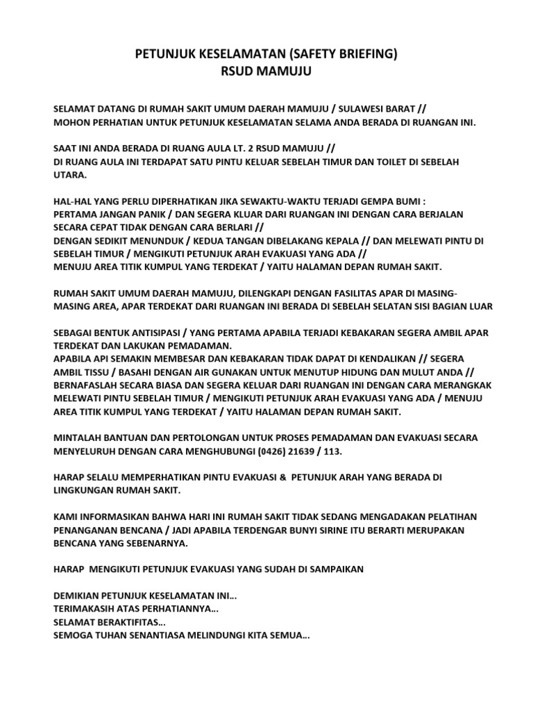 Teks Safety Briefing RSUD Mamuju | PDF