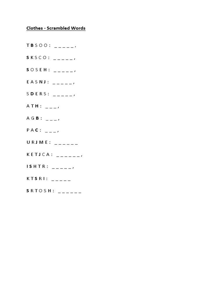 Clothes Scrambled Words Word Search | PDF