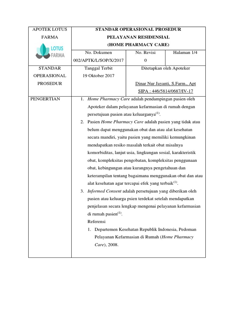SOP Home Pharmacy Care Apotek Lotus | PDF