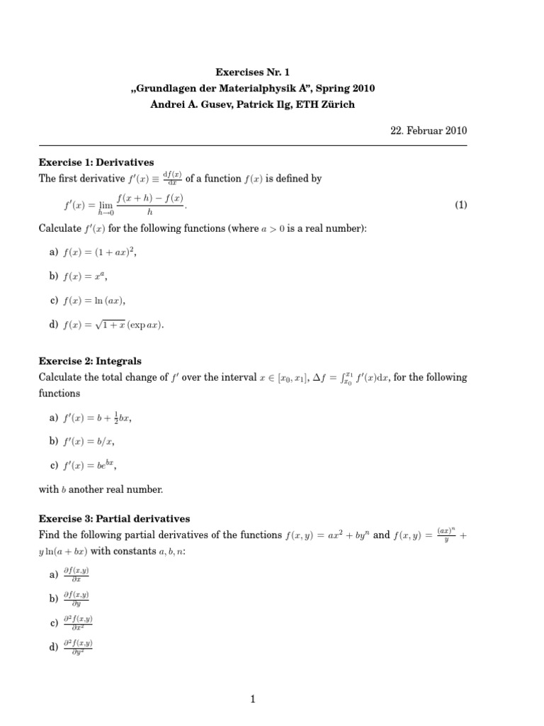 Material Physics Exercises: Derivatives & Integrals | PDF | Derivative ...