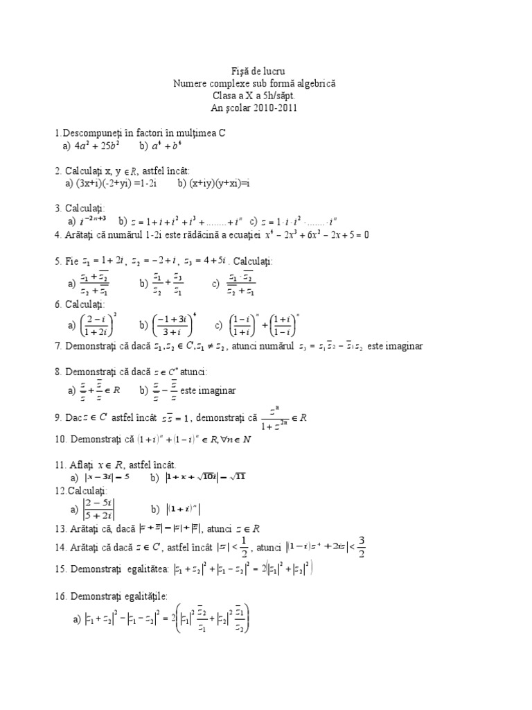 9 Fisa de Lucru NR Complexe Forma Algebrica | PDF