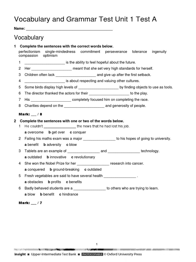 Vocabulary & Grammar Test Unit 1 Test A | Cognition | Psychology ...