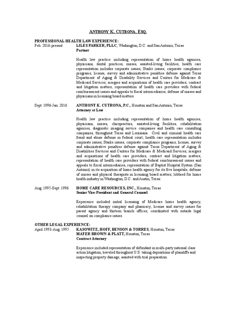 Health Law Expertise of Anthony K. Cutrona | PDF | Texas | Lawyer