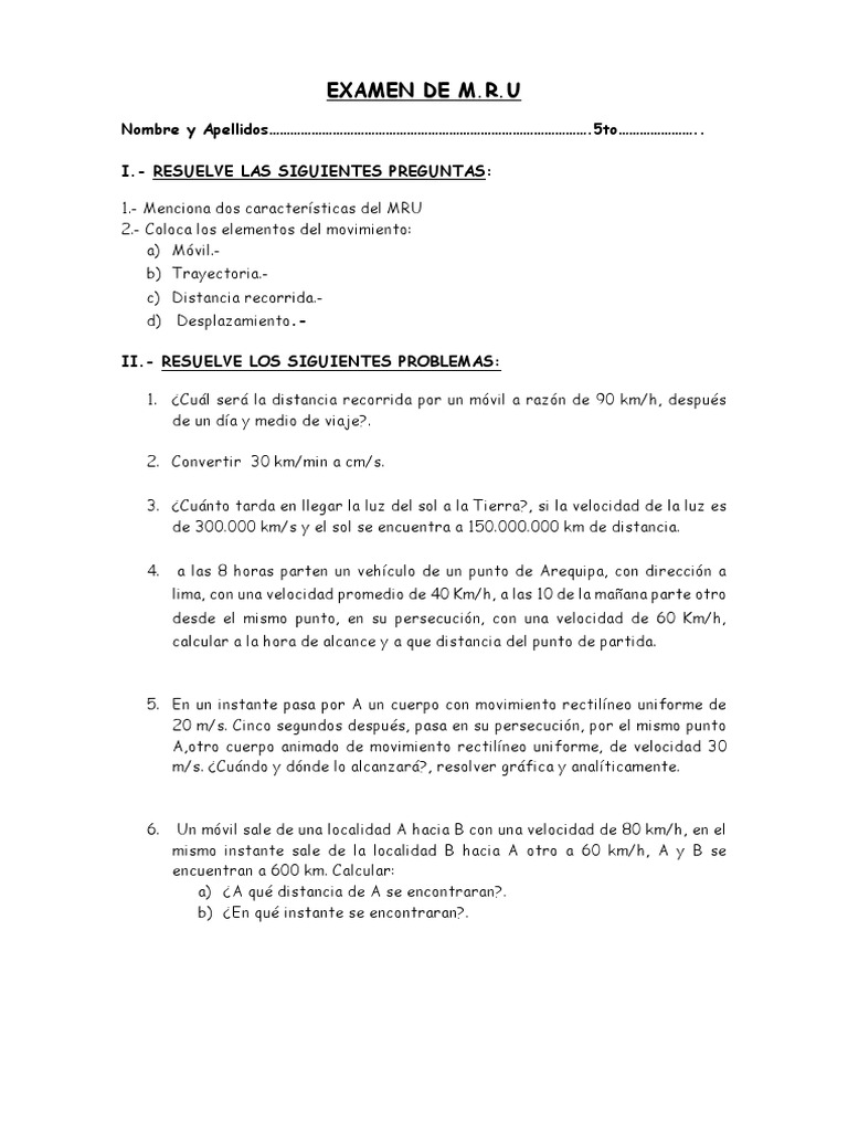 Examen de Movimiento Rectilíneo Uniforme | PDF