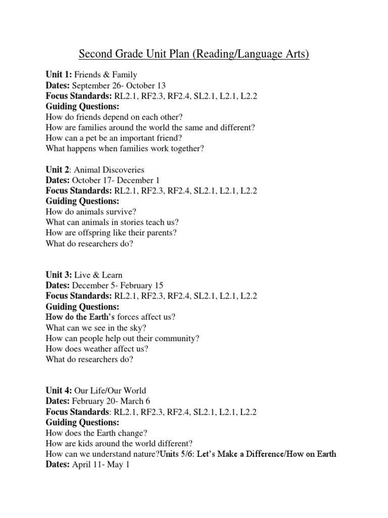 Second Grade Unit Plan (Reading/Language Arts) | PDF