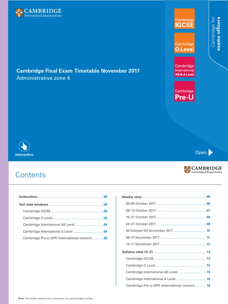 Cambridge Final Exam Timetable November 2017: Administrative Zone 4 ...