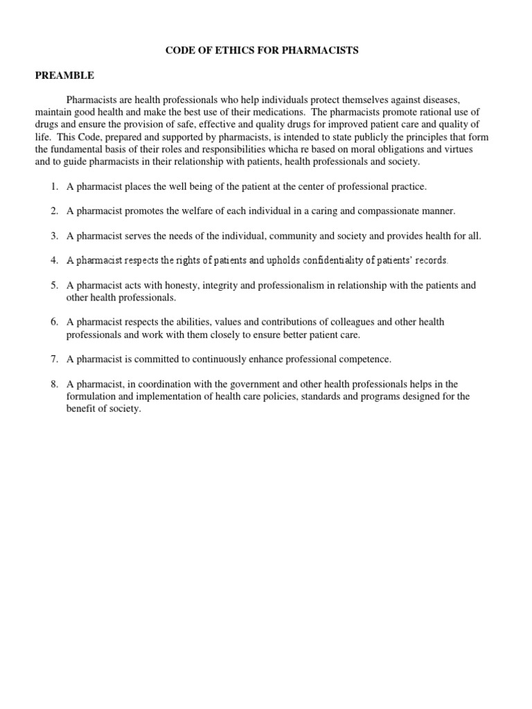 Code of Ethics For Pharmacists | PDF | Pharmacy | Patient