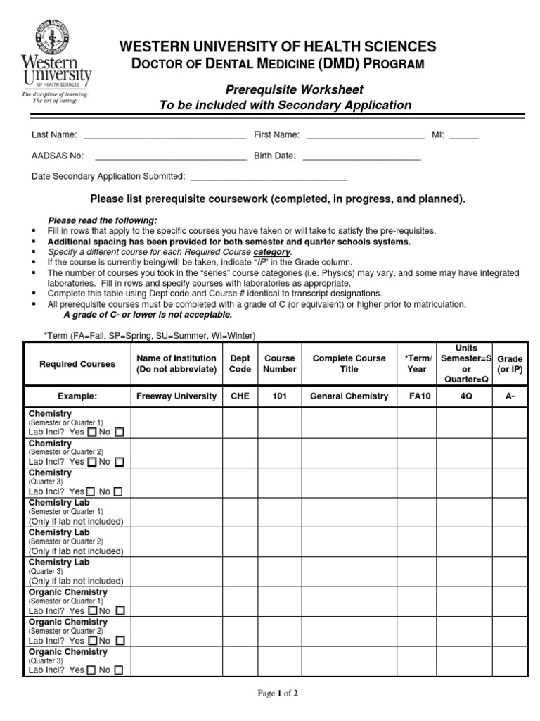 DMD Prerequisite Worksheet | PDF | Dental Degree | Academic Term