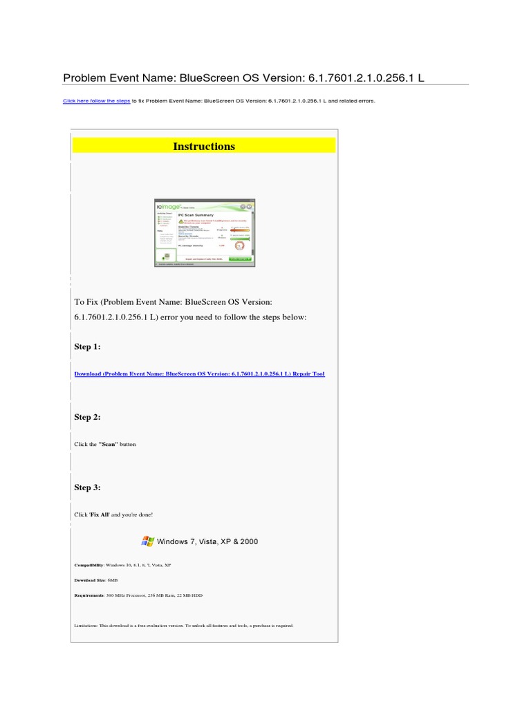 Instructions Problem Event Name Bluescreen Os Version 6 1 7601 2 1 0