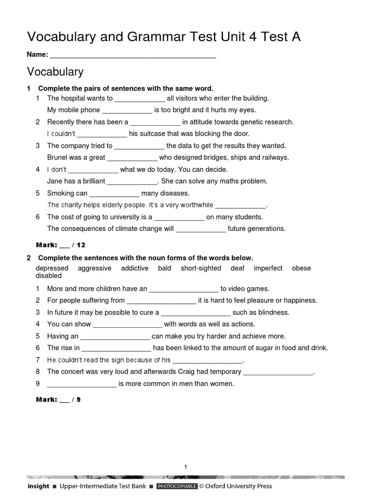 Vocabulary & Grammar Test Unit 4 Test A | PDF