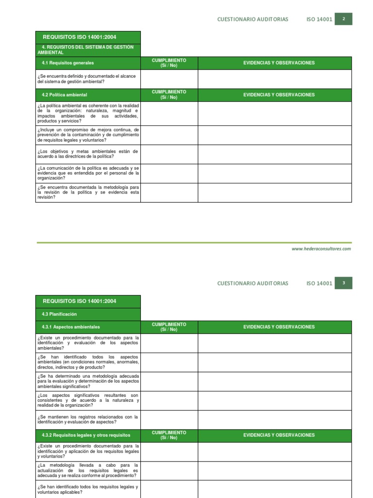 Check List Cuestionario Auditoria ISO 14001-1 | PDF | Organización internacional para la ...