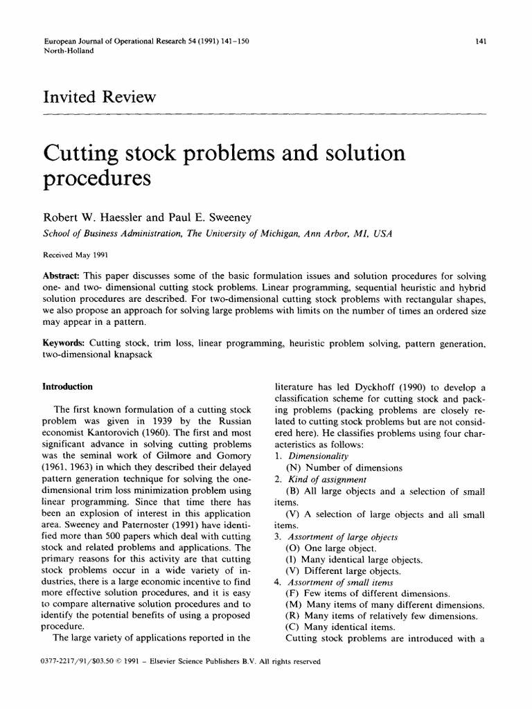 Cutting Stock Problems and Solution Procedures: Invited Review | PDF ...