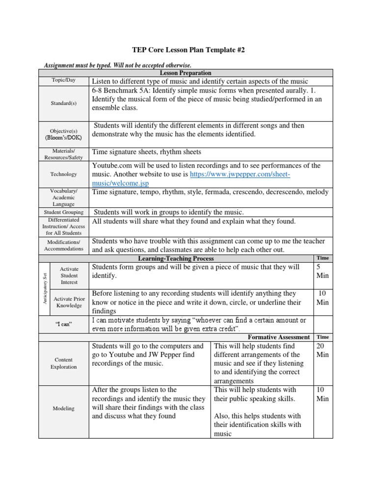Tep Core Lesson Plan Template 2 | PDF | Lesson Plan | Educational ...