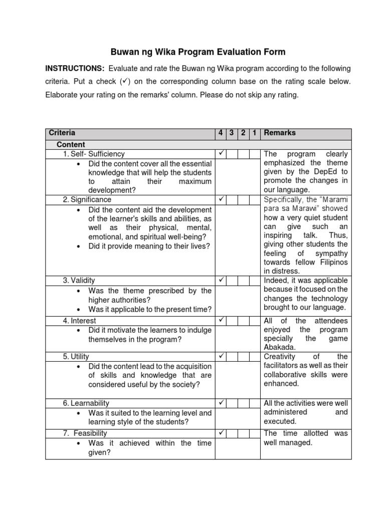 Buwan NG Wika Program Evaluation Form | PDF | Facilitator | Learning