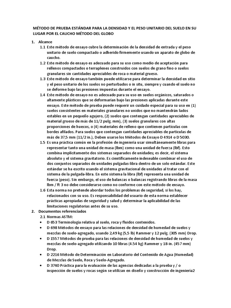 Método ASTM D 2167 para Densidad de Suelo | PDF | Densidad | Volumen
