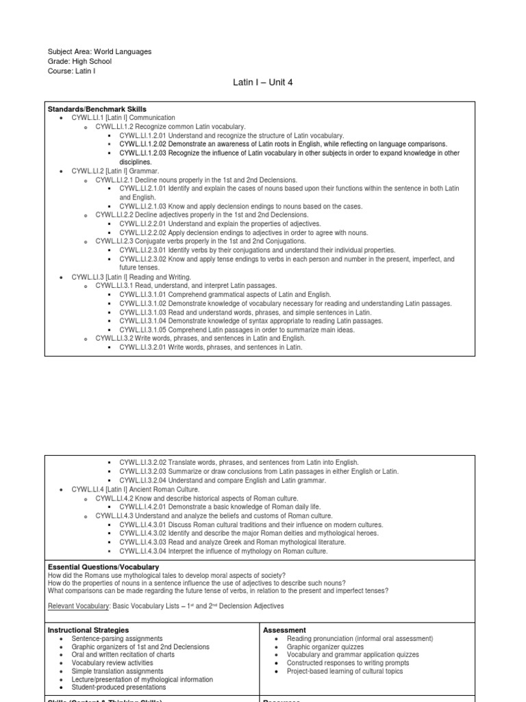 Latin I - Unit 4: Subject Area: World Languages Grade: High School ...