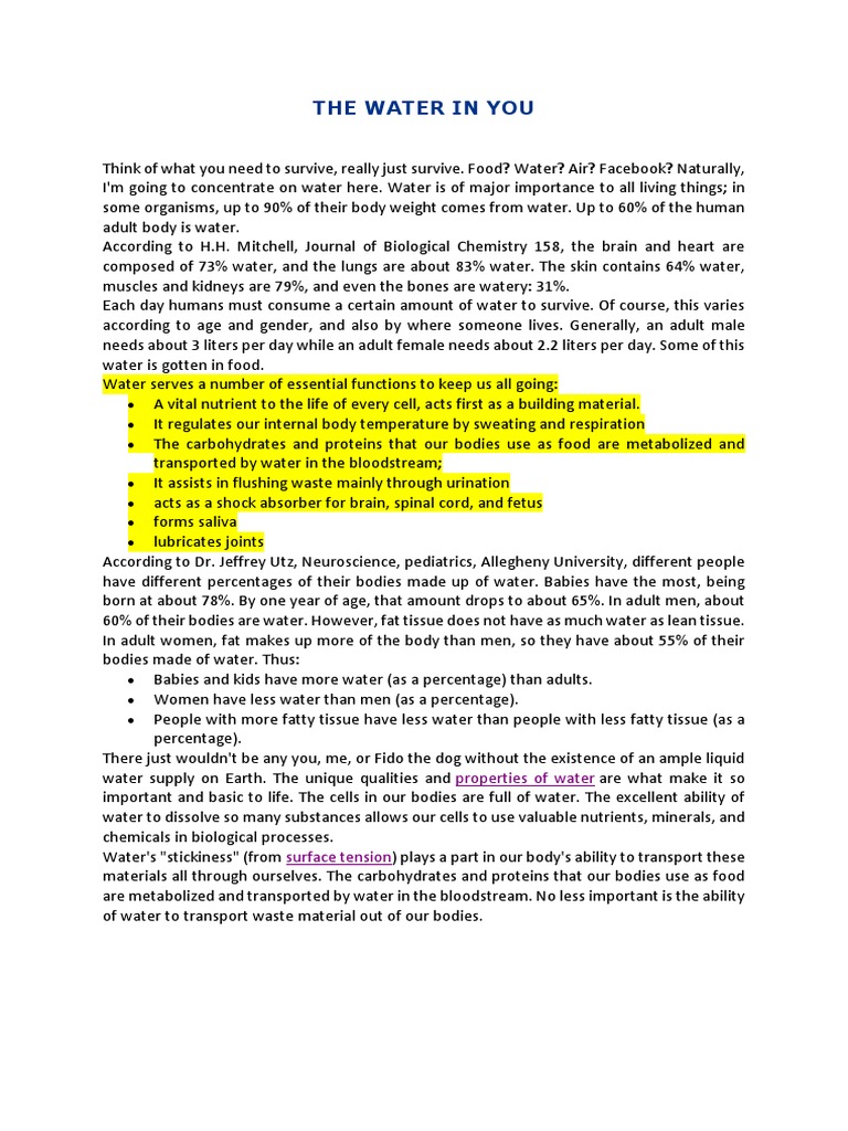The Water in You | PDF | Nutrients | Tissue (Biology)