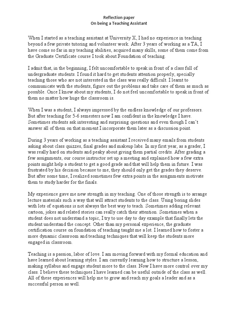Reflection Paper On Being A Teaching Assistant | PDF | Teaching ...