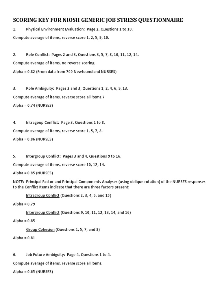 NIOSH Job Stress Questionnaire Scoring Guide | PDF | Workload | Employment