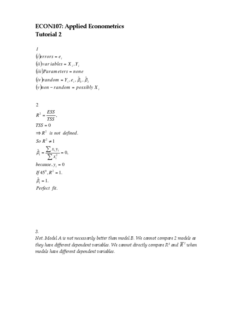 ECON107: Applied Econometrics Tutorial 2 | PDF