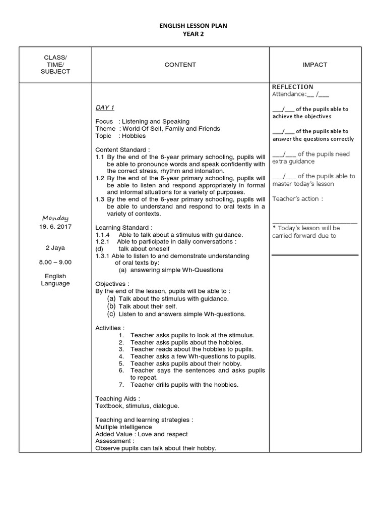 English Lesson Plan Year 2: Reflection | PDF | Question | Lesson Plan
