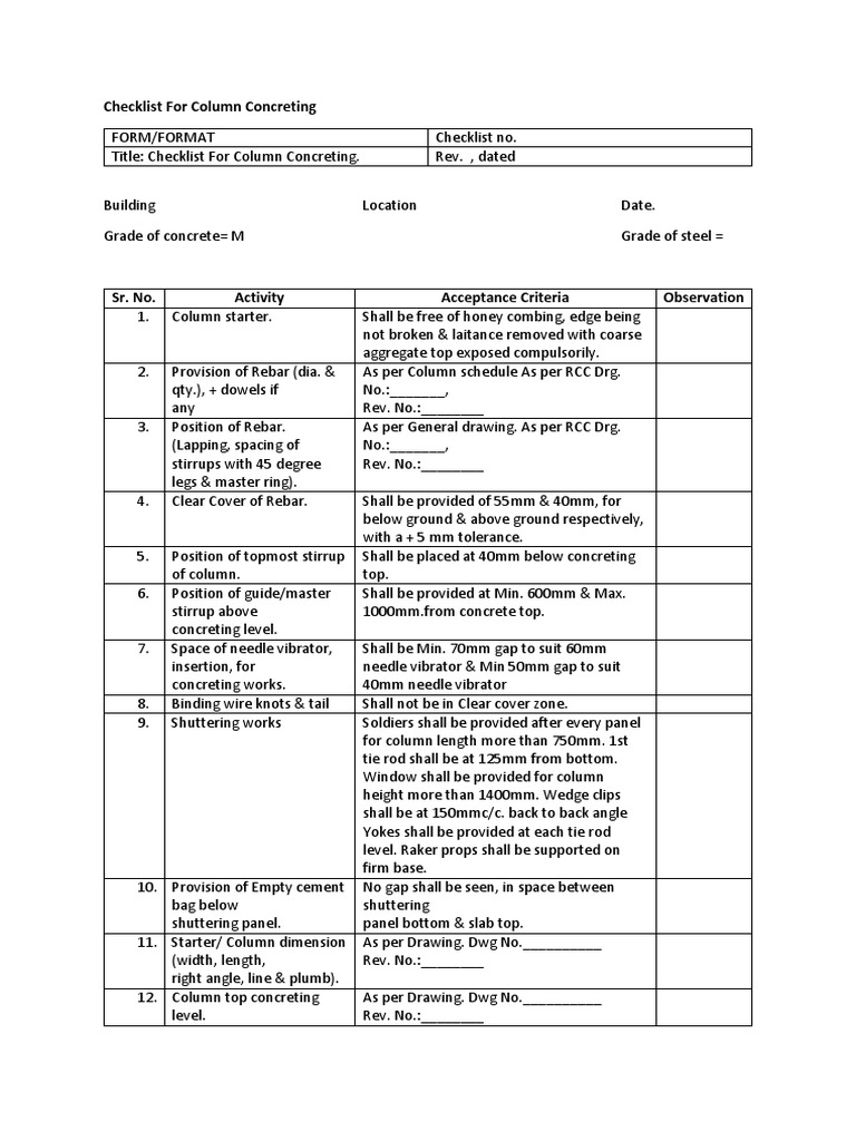 Checklist For Column Concreting | PDF | Structural Engineering ...