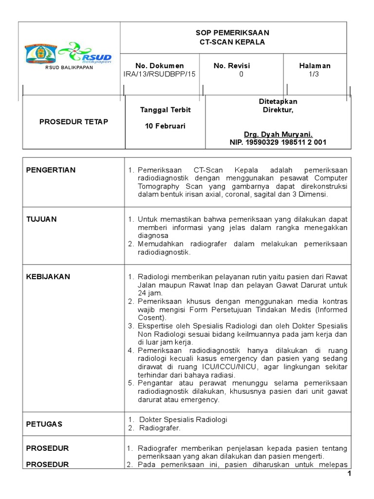 Sop Pemeriksaan Ct-Scan Kepala | PDF