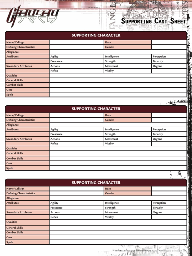 CthulhuTech - Supporting Cast Sheet | PDF | Tabletop Games | Role ...