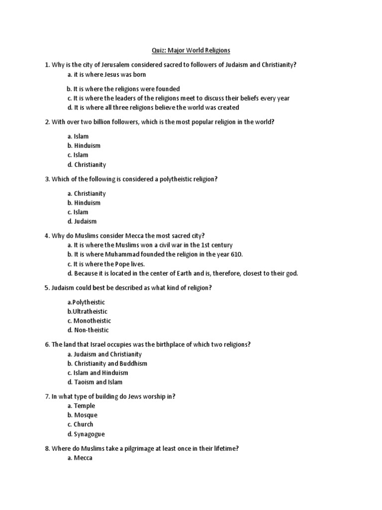Religion Quiz | PDF | Monotheism | Christianity And Judaism