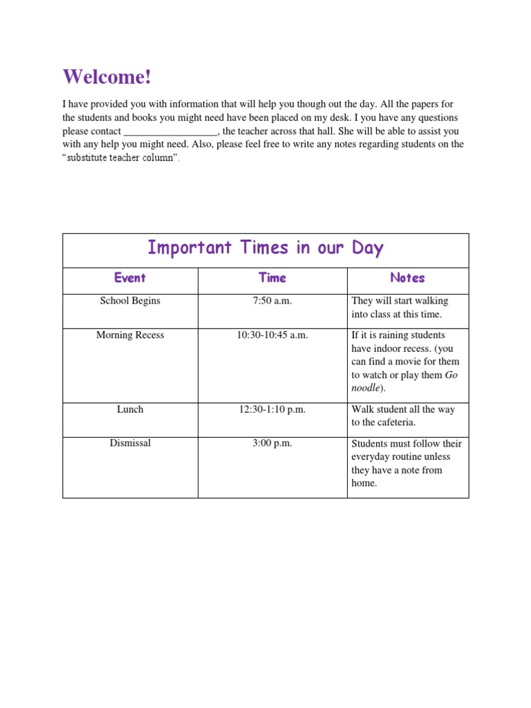 Subsititue Teacher Guide | PDF | Classroom | Special Education