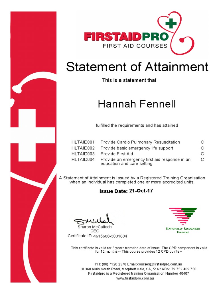 First Aid Certificate Statement of Attainment | PDF