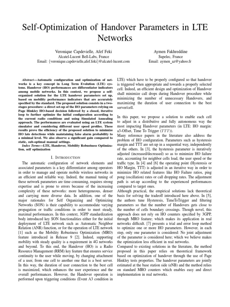 Self-Optimization of Handover Parameters in LTE Networks: Veronique Capdevielle, Afef Feki Aymen ...