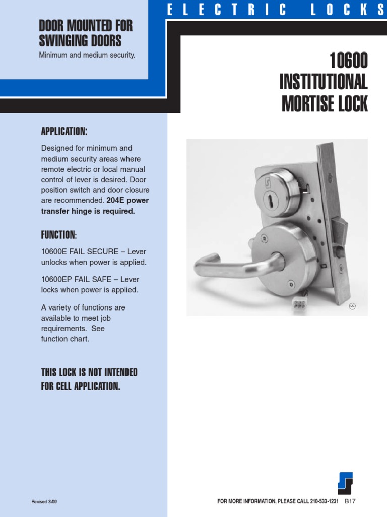 Institutional Mortise Lock: Door Mounted For Swinging Doors | PDF ...