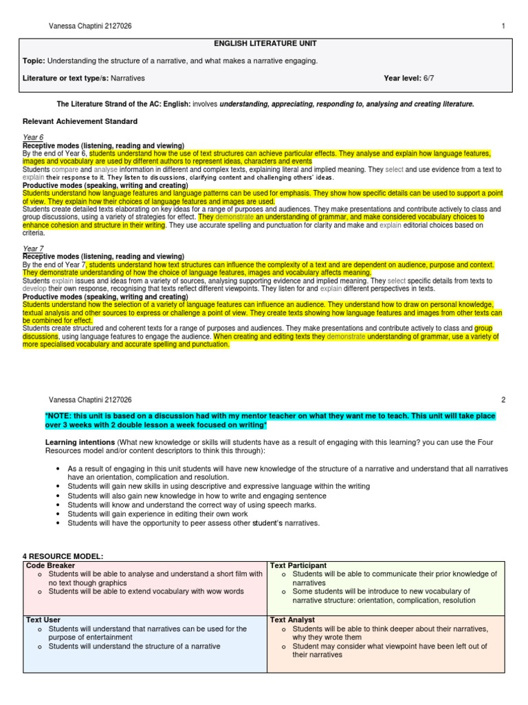 English Unit Plan | PDF | Narrative | Educational Assessment