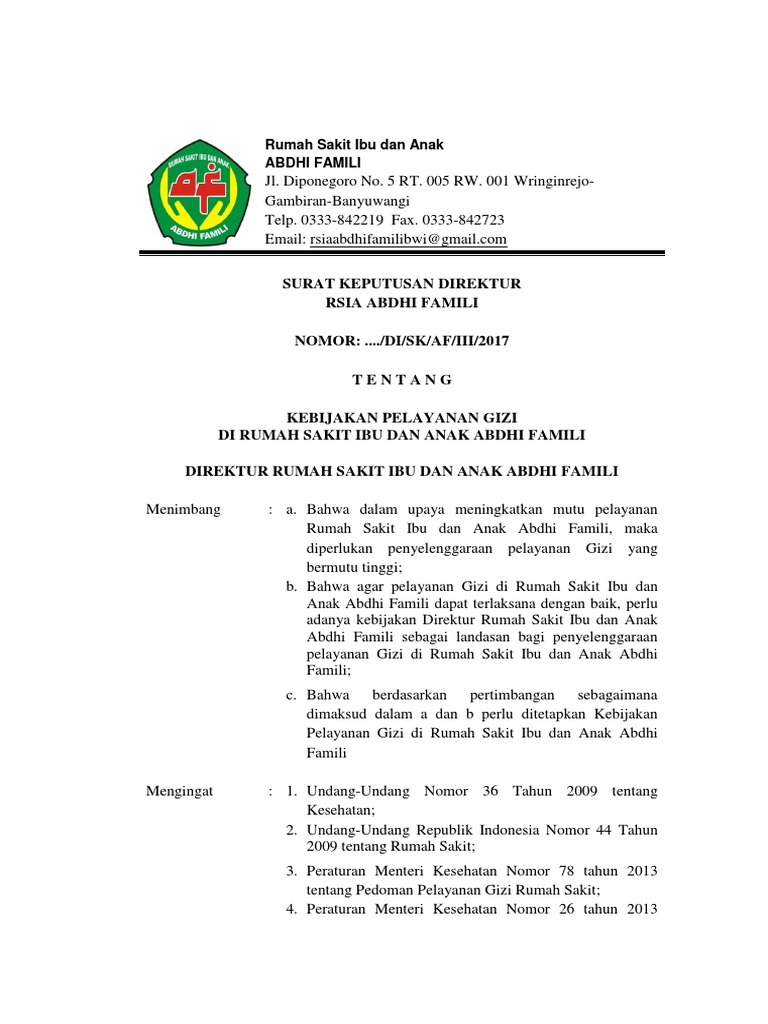 SK Kebijakan Pelayanan Gizi | PDF