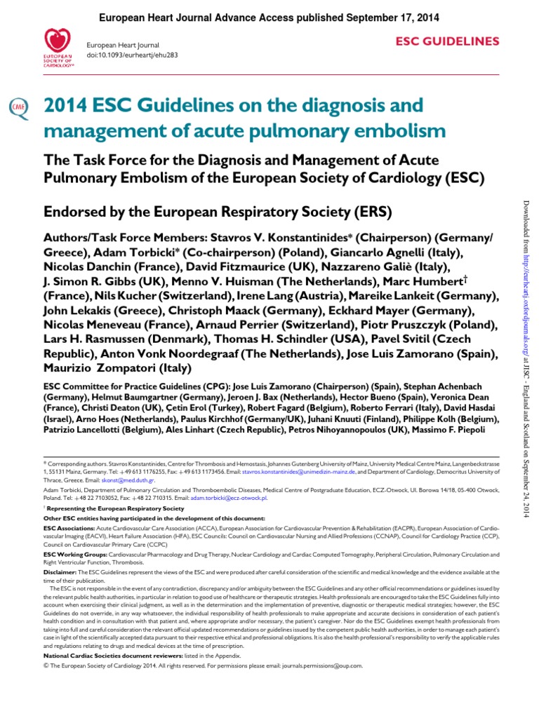 ESC PE Guideline 2014 | PDF | Thrombosis | Vein