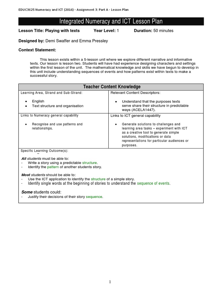 Integrated Numeracy and ICT Lesson Plan: Teacher Content Knowledge ...
