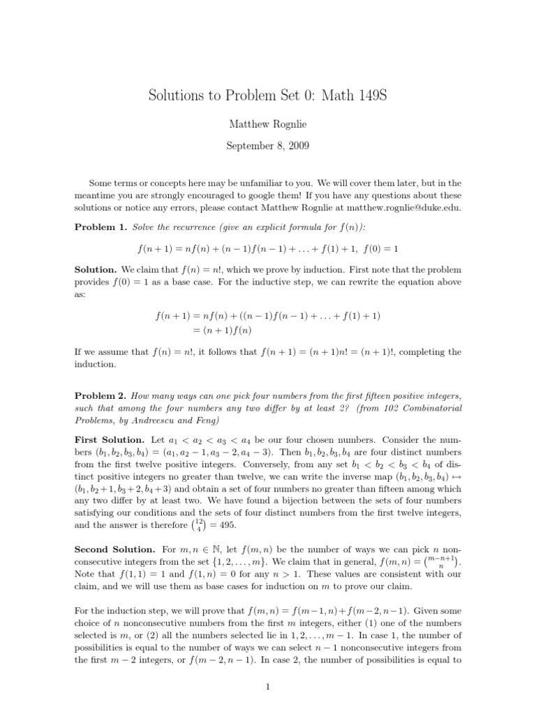 Solutions To Problem Set 0: Math 149S: Matthew Rognlie September 8 ...